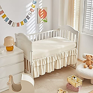 Tufted Ruffle Crib Bedding Set 3 Pieces Baby Boho Quilted Comforter with Fitted Sheet and Bed Skirt - Cute Ruffled Shabby Chic Baby Bedding Soft Blanket Design Cream White