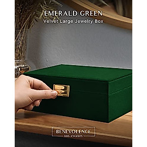 Benevolence LA Large Jewelry Storage Box, Velvet Jewelry Boxes for Women | Earring Organizer for Women, 2 Layer Jewelry Organizer Box for Necklaces, Bracelets, Rings - Emerald Green
