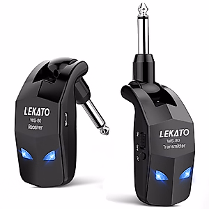 LEKATO Wireless Guitar System 2.4Ghz Audio Wireless Transmitter Receiver with 4 Channels for Electric Guitar and Bass Rechargeable Guitar Wireless Transmitter and Receiver for Electric Instruments