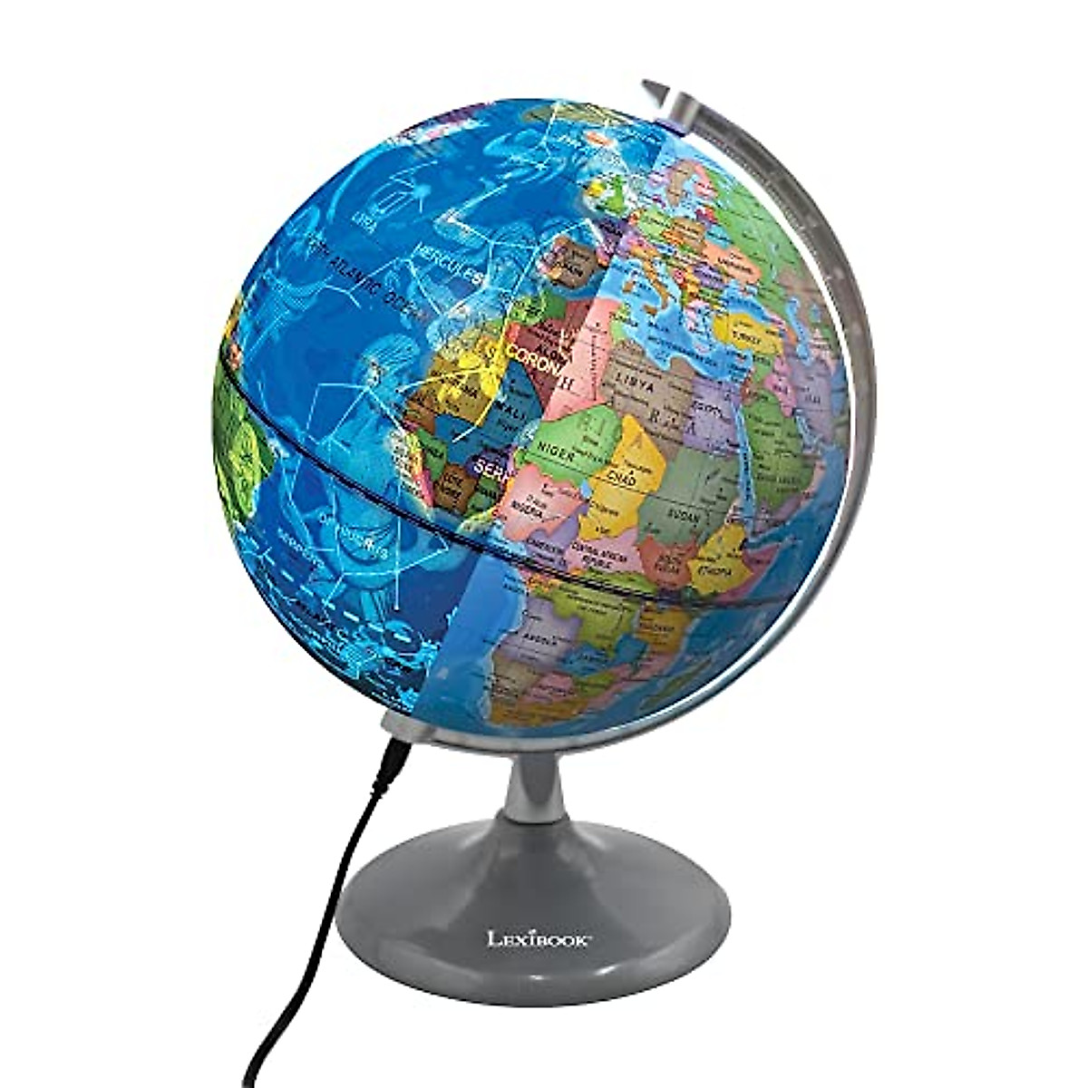 Lexibook Luminous Globe Planetarium, STEM, 2-in-1 Globe During The Day, Constellation map at Night, Blue/Black, NLJ185EN