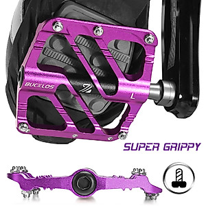 BUCKLOS MTB Flat Pedals Mountain Bike Pedals, 3 Bearings CNC Adult Road Bike Pedals, Bicycle Platform Aluminum Alloy Non-Slip Pedal for Gravel Bike/BMX 9/16"(Purple)