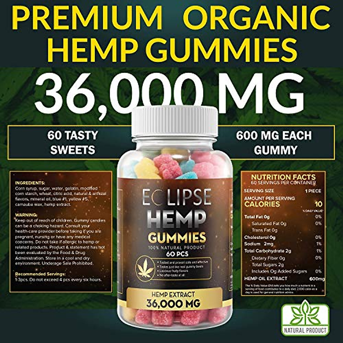 Eclipse Hemp Hemp Gummies - 36,000 MG (60 Count) - 600 MG Per Gummy Bear with Hemp Oil - Made in USA