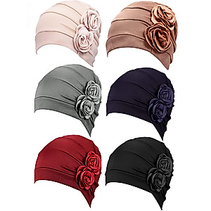 6 Pieces Women Turban Flower Caps Vintage Beanie Headscarf Elastic Headwrap Hat