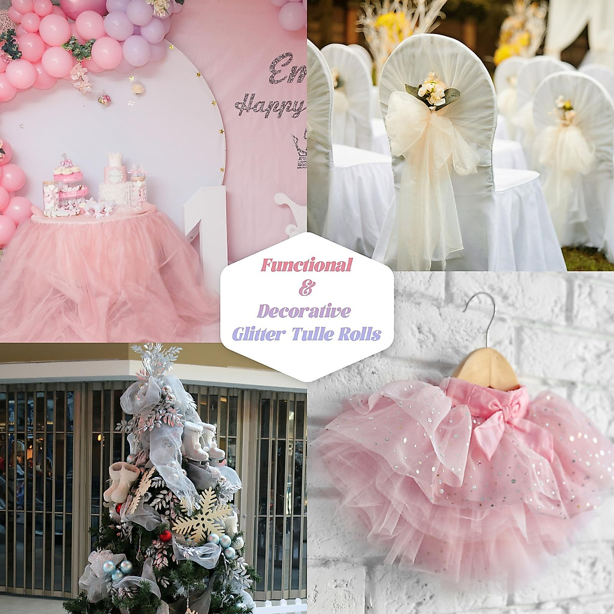 Glitter Tulle Rolls 6” by 50 Yards Sparkle Tulle Fabric Ribbon Sequin Tulle Netting Rolls for DIY Tutu Skirt Wedding Birthday Party Decoration (White/Silver-New)