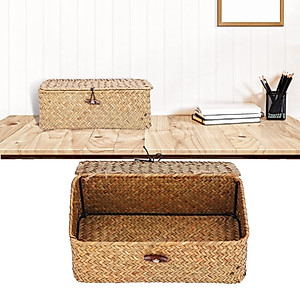 Jiawu Seagrass Baskets, Handwoven Seagrass Storage Bins with Lid, Multipurpose Rectangular Shelf Baskets, Household Boxes with Buckle, Small Rustic Container for Shelves Organizing (L)