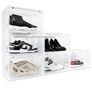 OLLIE XL Shoe Storage Boxes – Foldable and Stackable Shoe Storage Organizer for Closet – Clear Hard Plastic Big Shoe Storage Box For Up to Size 13 – Acrylic Shoe Box Storage Containers for Jordan, Sneakers, Boots (Clear, 6-Pack)