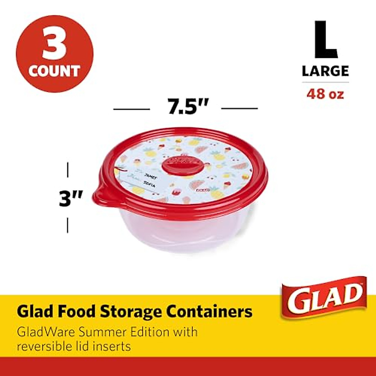 Glad Food Storage Containers, GladWare Summer Edition with Reversible Lid Inserts – 3 Ct Large Round Containers & Lids, 48oz Microwave-Safe, Freezer-Safe, Dishwasher Safe