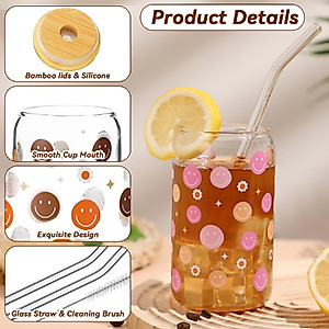 gisgfim 2 Pcs Smile Face Ice Coffee Cup Boho Glass Cup with Straw and Bamboo Lids 16oz Recycled Retro Groovy Drinking Glasses for Tea Soda Clear Water Family Friends Women Gifts