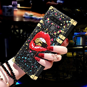 JAKPAK Case for LG Stylo 6 Case with Kickstand for Girls Women Soft TPU Luxury Stylo 6 Case with Strap Shockproof Protective Heavy Duty Metal Cushion Reinforced Corner Case for LG Stylo 6 Lip Black