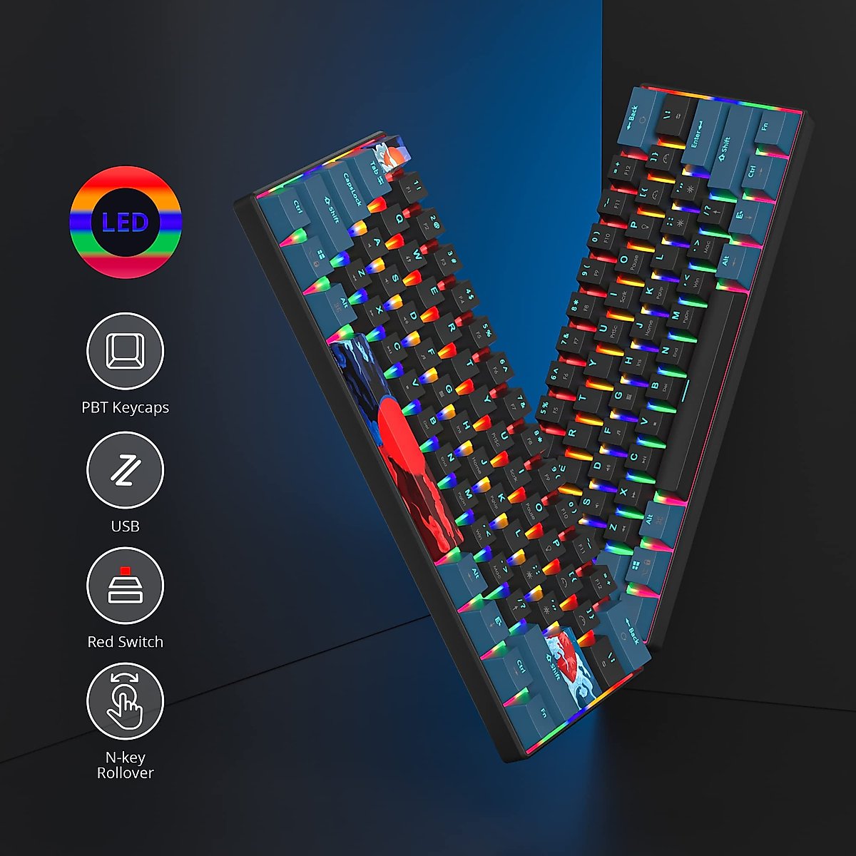 Mosptnspg Protable 60% Percent Gaming Keyboard Mechanical, Mini Compact RGB Backlit 61 Keys Wired Office Keyboard with Red Switch for Mac/Win (Monstor Black/red Switch 61)
