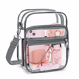 Blvornl Clear Crossbody Bag with Adjustable Shoulder Strap, Stadium Approved PVC Clear Purse Bag with Front Pocket, Clear Messenger Bag for Women and Men for Concerts Sports Events (Grey)