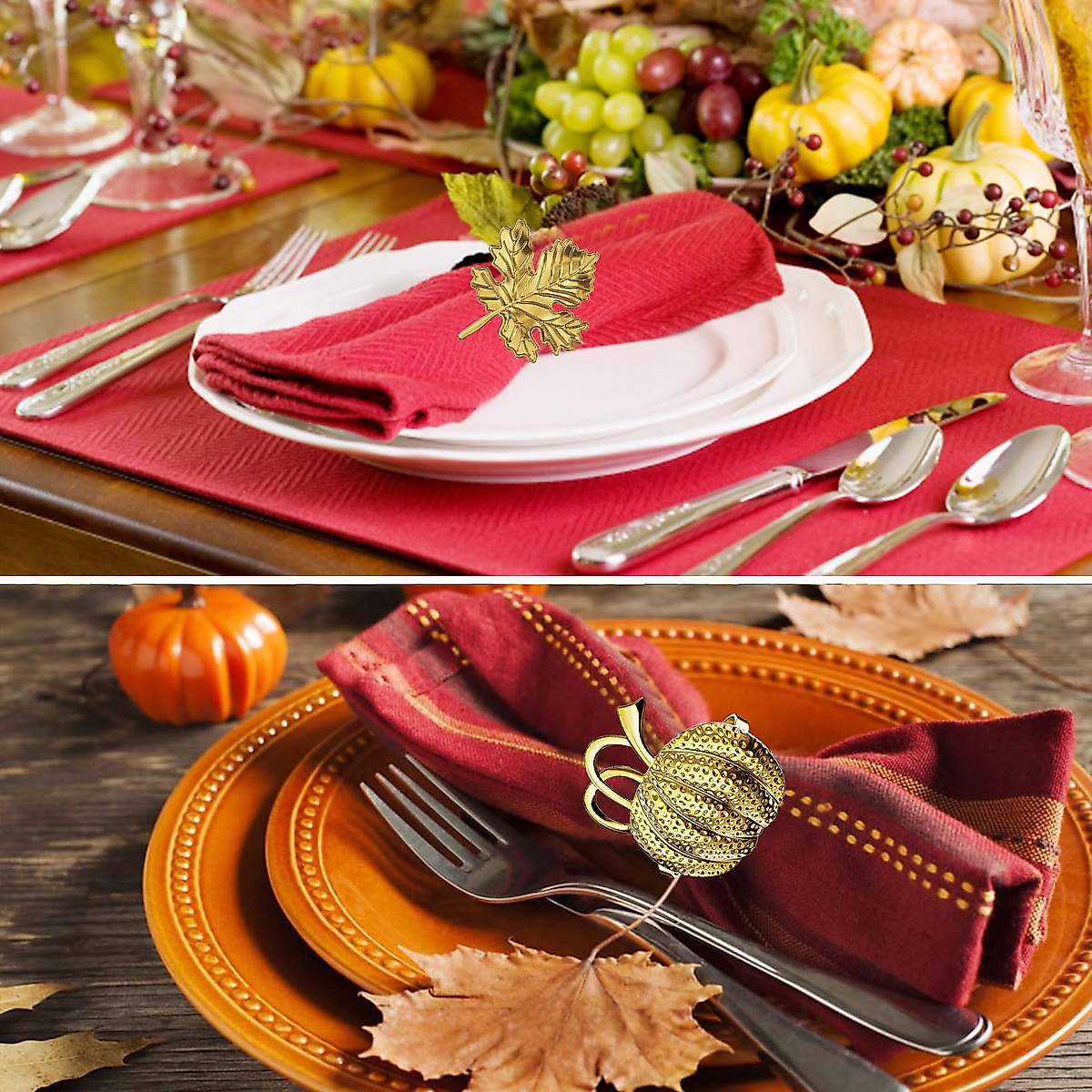 Thanksgiving Napkin Rings Set of 12, Fall Napkin Rings Maple Leaf Pumpkin Napkin Rings Holders for Family Party Wedding Harvest Autumn Holiday Dinner Table Decorations