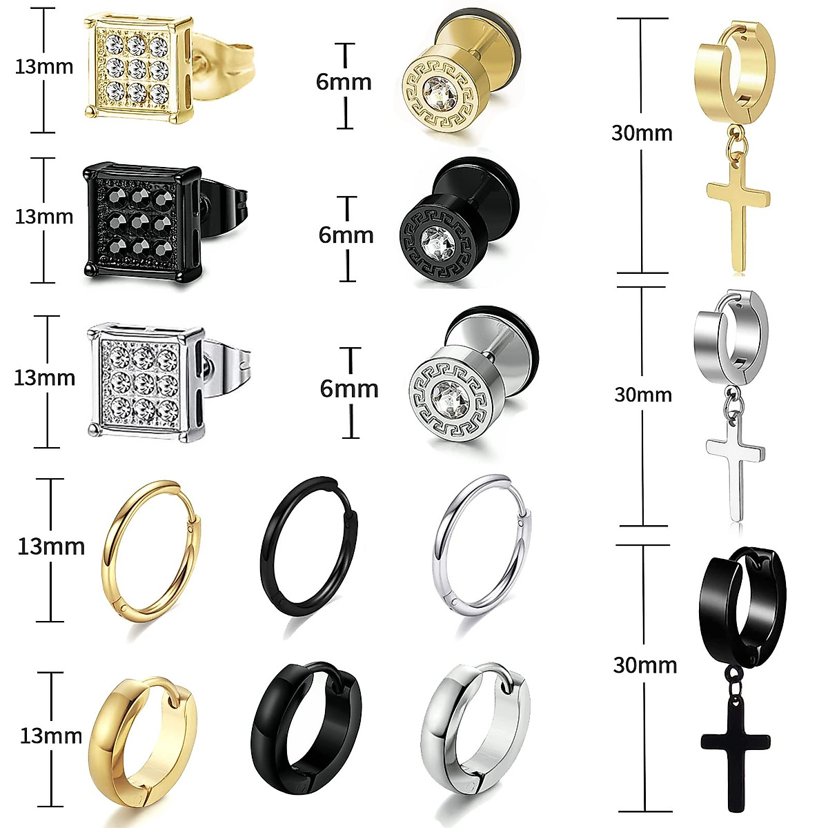 15 Pairs Earrings Set for Men and Women, Black Silver 14K Gold Plated Earrings Stud Kit 5 Pairs of Each Fashion Ear Piercing Jewelry Cross Dangle Hoop Earrings Set