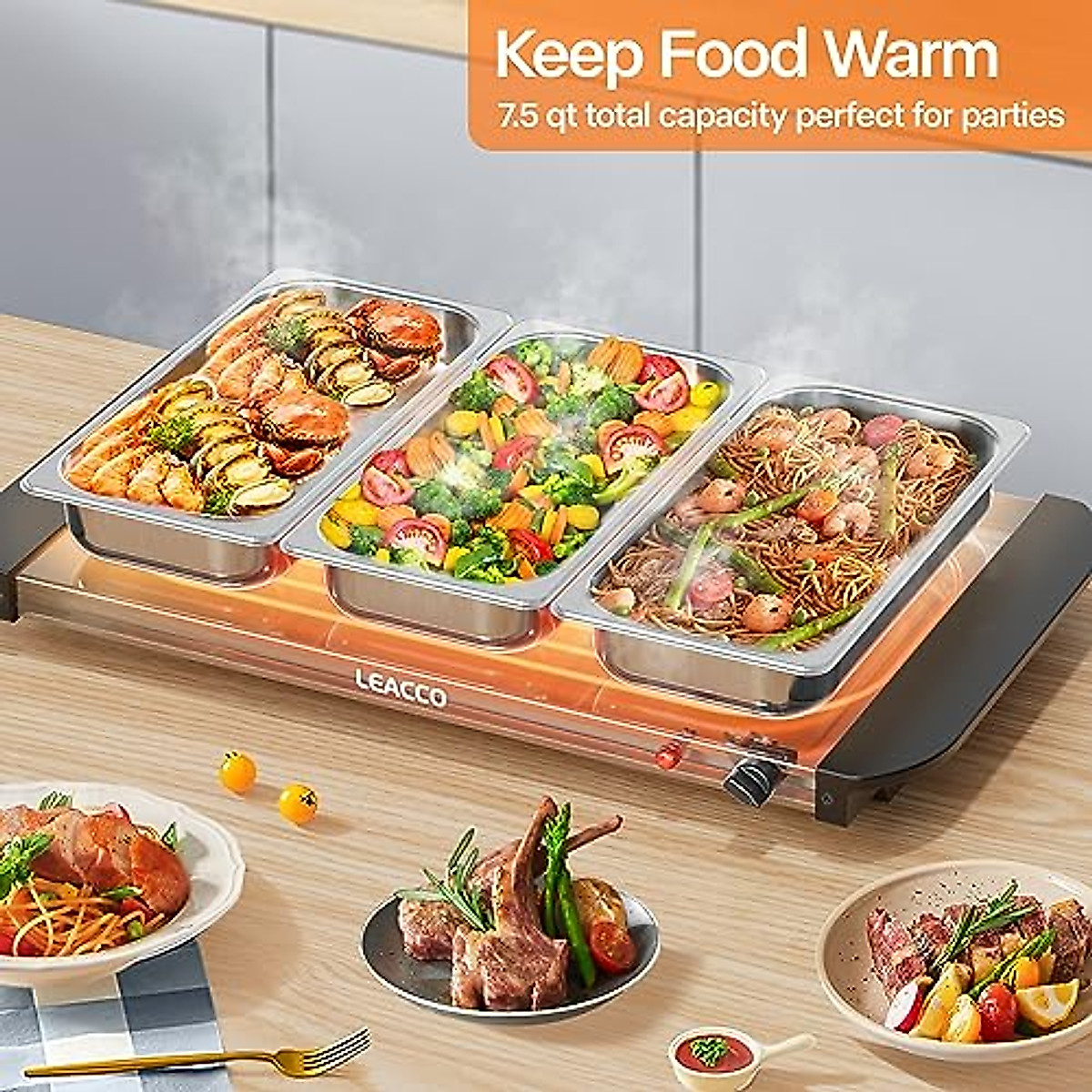Leacco Buffet Server & Food Warmer, 3 x 2.5Qt Electric Chafing Dish Set, 25 x 14 Warming Tray Stainless Steel for Parties, Catering, Events