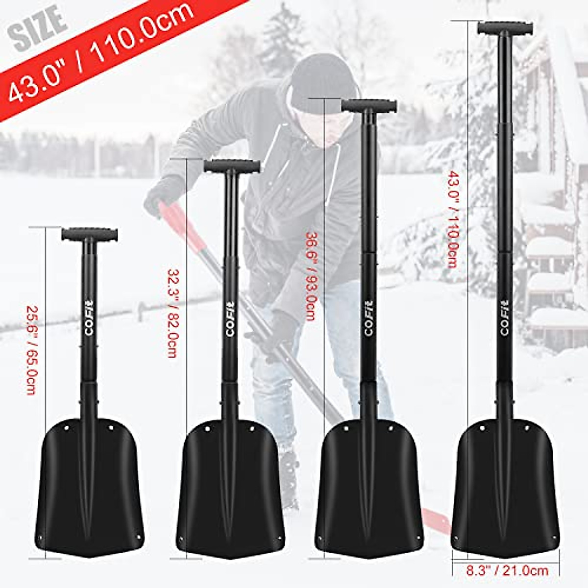 COFIT 43" Retractable Snow Shovel, Aluminium Alloy Snow Sand Mud Removal Tool for Car Outdoor Camping and Garden, Detachable Four-Piece Construction, Black