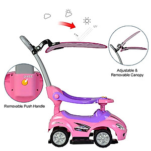 ChromeWheels Push Cars for Toddlers, 3 in 1 Ride on Push Car with Removable Canopy, Ride on Toys Mega Car w/Handle & Horn & Music, Pink