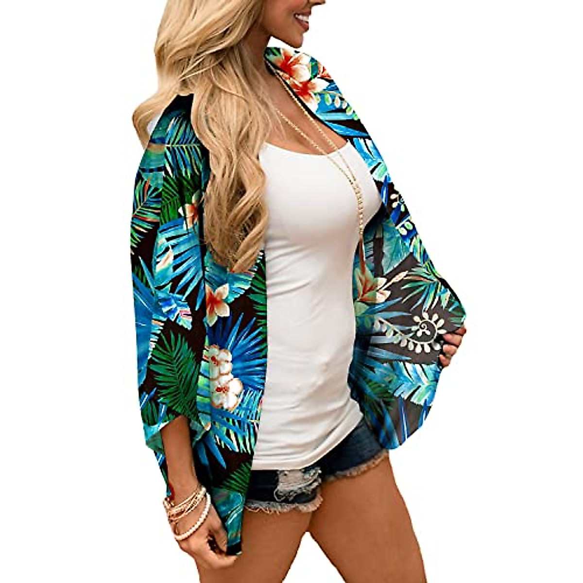 Women Chiffon Kimono Cardigans Tropical Tops Hawaiian Shirts Summer Beach Sheer 3/4 Sleeve Leaf Print (Black, M)