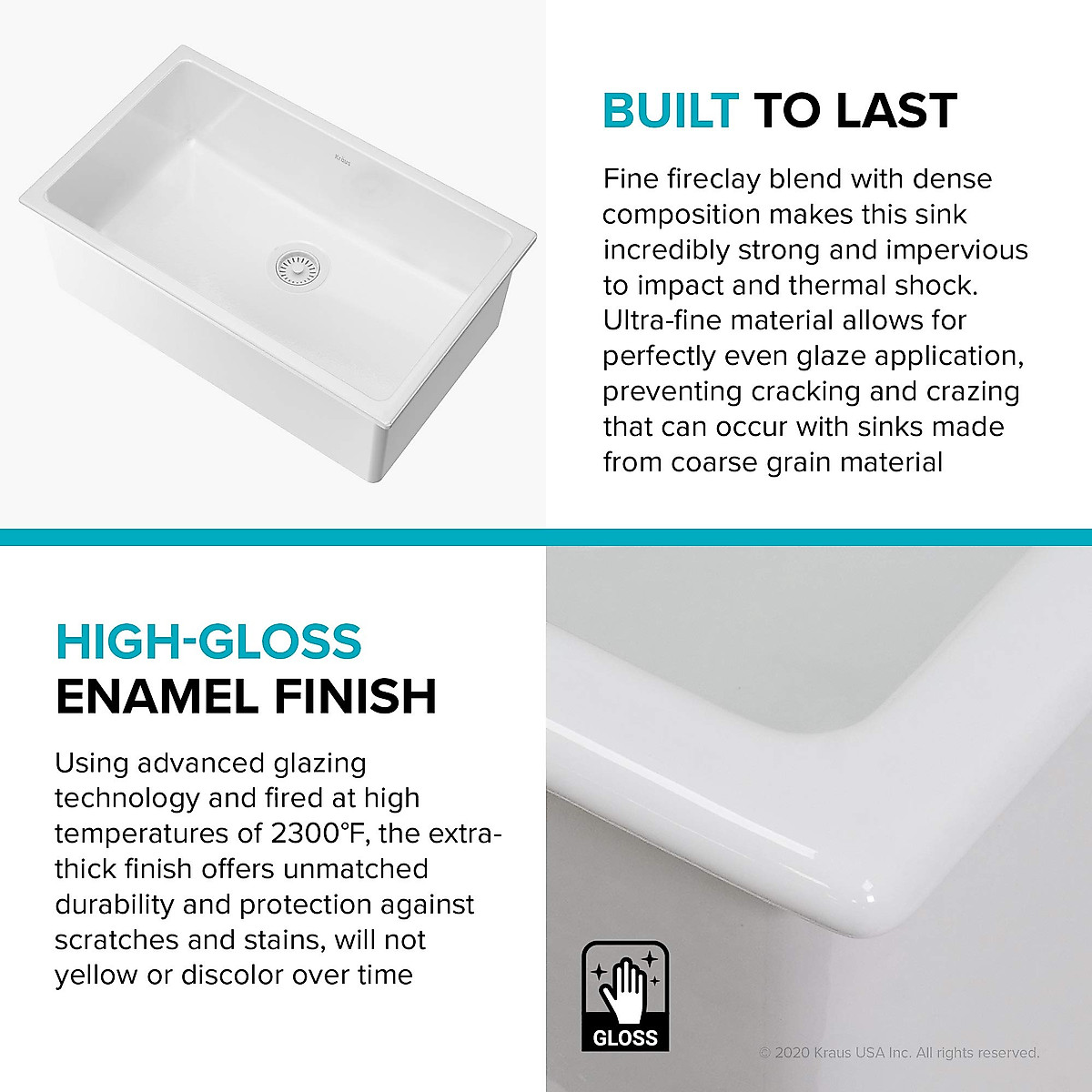 KRAUS Turino™ 30” Drop-In Undermount Fireclay Single Bowl Kitchen Sink with Thick Mounting Deck in Gloss White, KFD1-30GWH