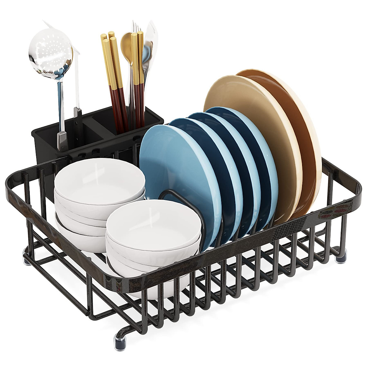 1Easylife Dish Drying Rack with Anti Rust Frame, Small Dish Drainer Rack for Kitchen Counter, Sink Dish Rack on Counter with Utensil Holder and Non-Slip Rubber Feet Rustproof for Organizer Storage