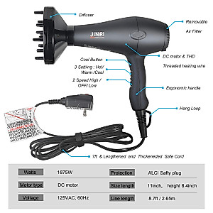 Hair Dryer, 1875W Blow Dryer, Ionic Hair Dryers with Diffuser and Concentrator Attachment, Fast Dry Light Weight Low Noise Hairdryer