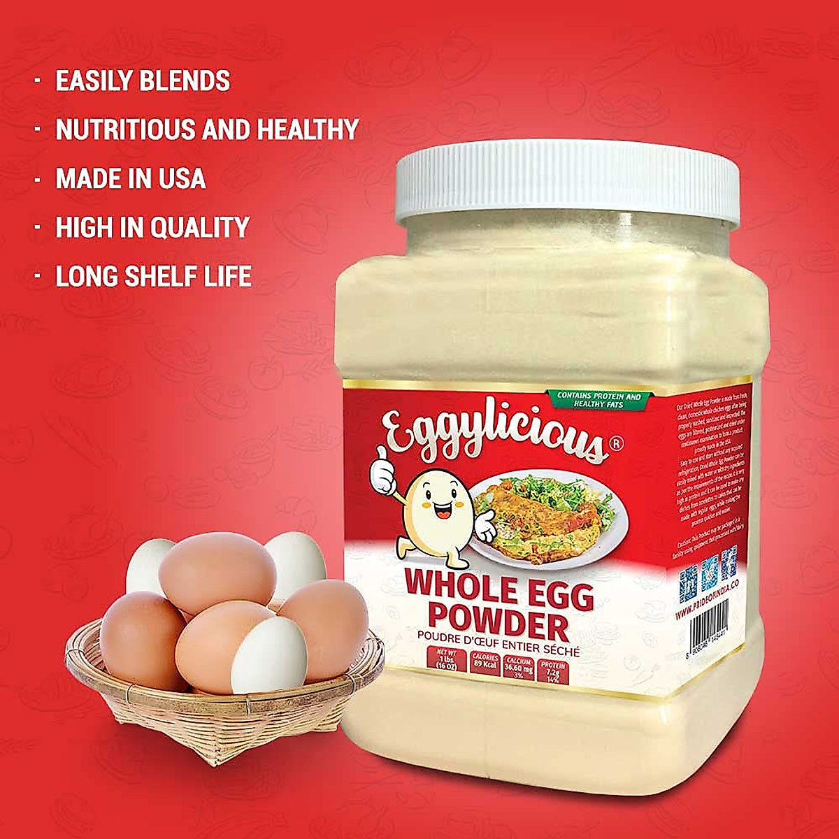 Eggylicious Whole Egg Powder, Dried Natural Protein Powder, Made from Fresh Eggs, White & Yolk mixed, Pasteurized, Non-GMO, No Additives, Used for Baking Icing,1lbs(16oz)