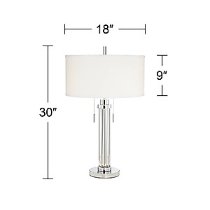 Possini Euro Design Cadence Modern Art Deco Style Column Table Lamp 30" Tall Chrome Silver Linear Clear Glass Rod White Drum Shade Decor for Living Room Bedroom House Bedside Nightstand Home Office