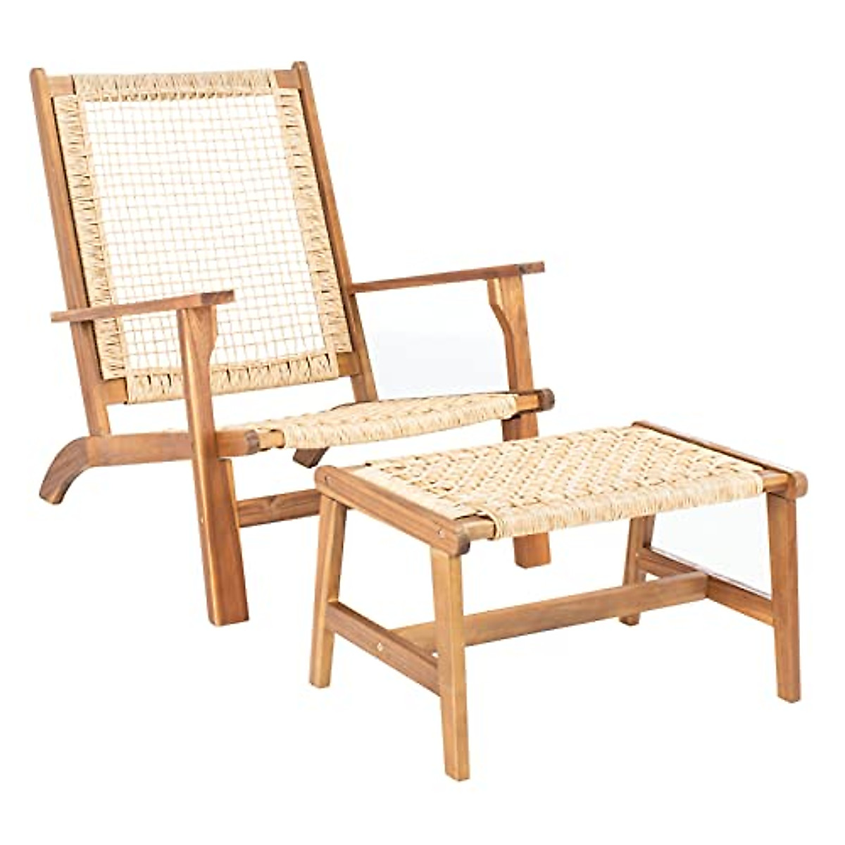 Safavieh Outdoor Collection Chantelle Acacia Wood/Light Brown Woven Rattan 5-Piece Patio Set PAT7076A, Natural/Natural