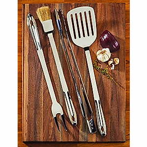 All Clad BBQ Tool Set, Grill Accessories, 4 Pieces: Fork, Brush, Locking Tongs and Turner. Stainless Steel, Silver