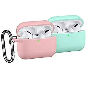 [2 Pack] SNBLK Designed for Airpods Pro Case Cover Silicone Protective Charging Case Skin with Keychain Compatible for Apple Airpods Pro 2019, (Front LED Visible) Pink/Mint Green