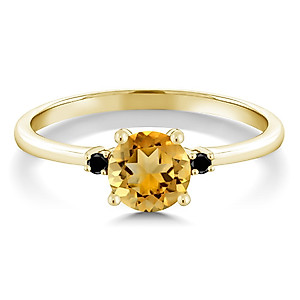 Gem Stone King 10K Yellow Gold Yellow Citrine and Black Diamond Solitaire Engagement Ring For Women (0.73 Cttw, Round 6MM, Gemstone November Birthstone, Size 7)