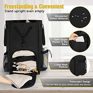 Laundry Bag Backpack Extra Large 110L, Stand up Laundry Hamper Basket for College Dorm Essentials, Collapsible & Extension Laundry Backpack Multi Pockets for Laundromat, Apartment, Travel, Black