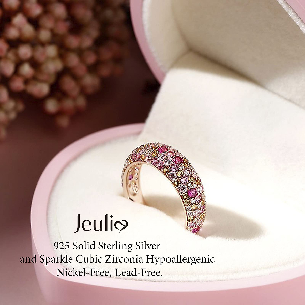 Jeulia Eternity Ring Wedding Band Multi-color Stones Sterling Silver Rose Gold Plated Cubic Zirconia Double Row Jewelry for Women Engagement Bridal Sets Anniversary Promise with Gift Box (Pink, 9)