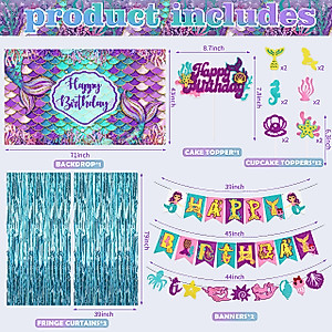 109Pcs Mermaid Theme Birthday Decorations for Girl Mermaid Party Supplies Including Tablecloth Backdrop Banners Cake Toppers Mermaid Foil Balloons and Latex Balloons Fringe Curtain Decorations Kit