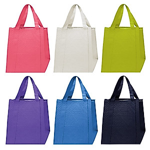 Gift Expressions Insulated Reusable Grocery Food Bag w/Bottom board, Large,Zippered Top, Recycled Materal … (6CT, Grey)