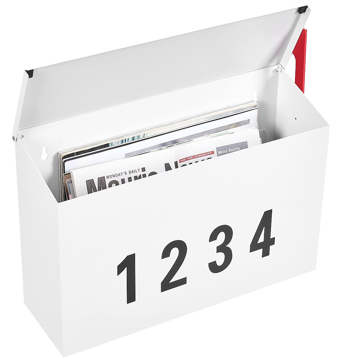 LAND·VOI Wall-Mount Mailbox with One Flag Kit and Three Sets of 0-9 Mailbox Number Stickers, Galvanized Steel Rust-Proof Metal Post Box, Mailboxes for Outside, 4.33" Dx14.2 Wx10.43 H, White AMB03W
