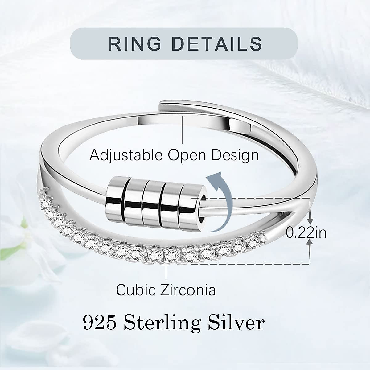 Vito Sterling Silver Fidget Anxiety Ring, Unisex Adjustable Open Band Ring With Rotatable Beads, 2 Layers Expandable Spinner Ring Jewelry Gift