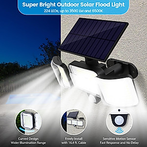 Adiding Solar Outdoor Lights, 3 Heads 3500LM LED Flood Light with 16.4 Ft Cable, 4 Modes Motion Sensor Solar Lights for Outside with Remote, Solar Powered Security Lights for Patio,Yard,Garage, 2 Pack