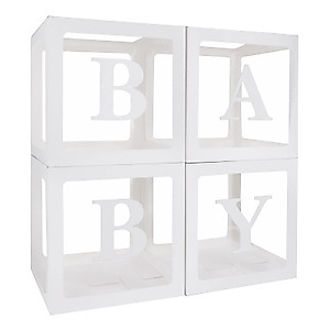 RUBFAC Baby Boxes with 4 Sets of Letters for Baby Shower, Clear Baby Shower Block Boxes with 16 Letters for Gender Reveal Decorations Birthday Party (4pcs White)