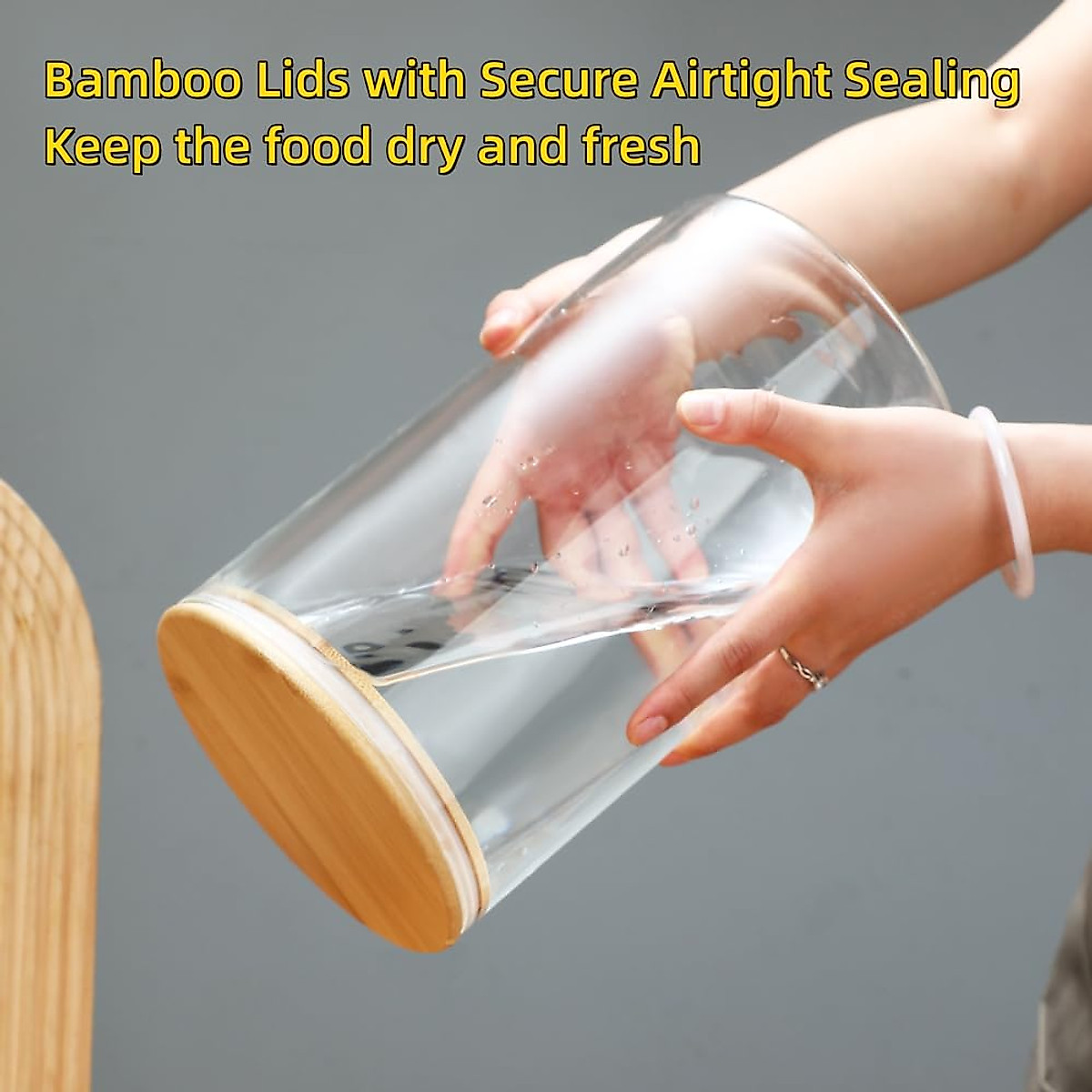 Recceng Glass Flour Containers with Lids Airtight 130 oz, Set of 2 Large Glass Jars for Flour and Sugar Wide Mouth with Wooden Lids, Flour Canister Glass for Baking Jars with Bamboo Lids for Coffee