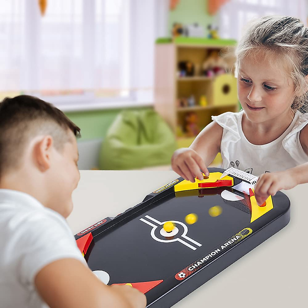 Gamie 2 in 1 Sports Tabletop Game for Kids, Soccer and Hockey Table Game for Indoor Fun, Includes Pucks, Balls, and Strikers, Fits on Table or Floor for Hours of Action-Packed Play