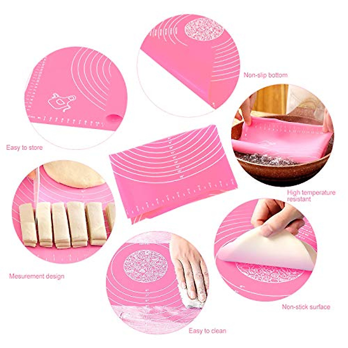 Silicone Pink 70x50cm Baking Mat Sheet Pastry Mat with Measurement, Non-Slip Pastry Rolling Mat, Non-Stick Dough Kneading Board Mat, Bread Fondant Mat, Cooking Bakeware Mat Table Placemat(Scraper)