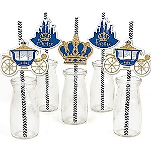 Royal Prince Charming - Paper Straw Decor - Baby Shower or Birthday Party Striped Decorative Straws - Set of 24