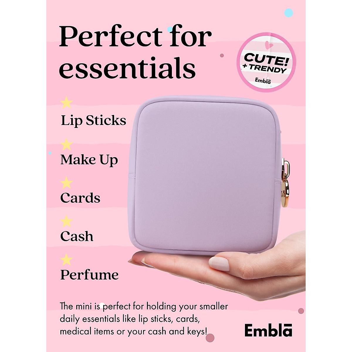 Embla Makeup Bag Travel Cosmetic Bag, Toiletry Bag, Cute Makeup Organizer, Nylon Zipper Pouch Purse Storage Bag Cosmetics Organizer, Cute Womens Make Up Bag Tote, Mini Small Large Makeup Bags, Lilac