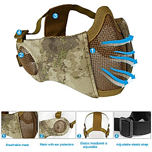 Yzpacc Airsoft Mask with Goggles, Foldable Half Face Airsoft Mesh Mask with Ear Protection for Paintball Shooting Cosplay CS Game