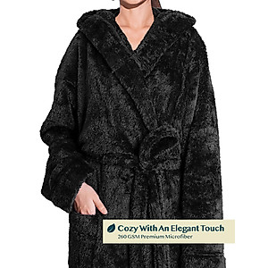 PAVILIA Women Hooded Plush Soft Robe | Fluffy Warm Fleece Sherpa Shaggy Bathrobe (L/XL, Black)