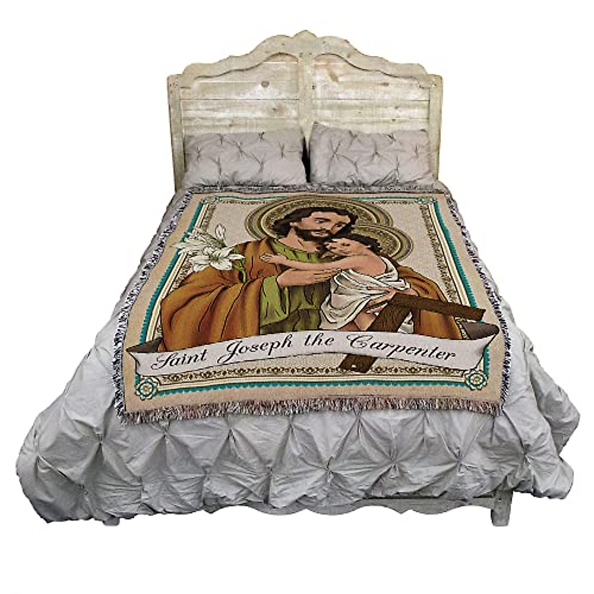 Saint Joseph The Carpenter Blanket - Patron of Catholic Church, Workers, Travelers, Immigrants, House Sellers & Buyers - Religious Gift Tapestry Throw Woven from Cotton - Made in The USA (72x54)