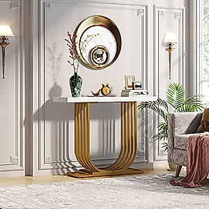 LITTLE TREE Entrway Top Modern Gold Console Table, Faux Marble White & Gold