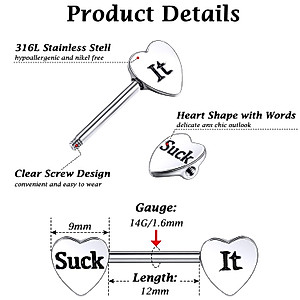 3 Pairs Women Nipple Rings 14G Stainless Steel Nipplerings Tongue Rings Barbell Heart Shape Body Piercing Jewelry (Silver)