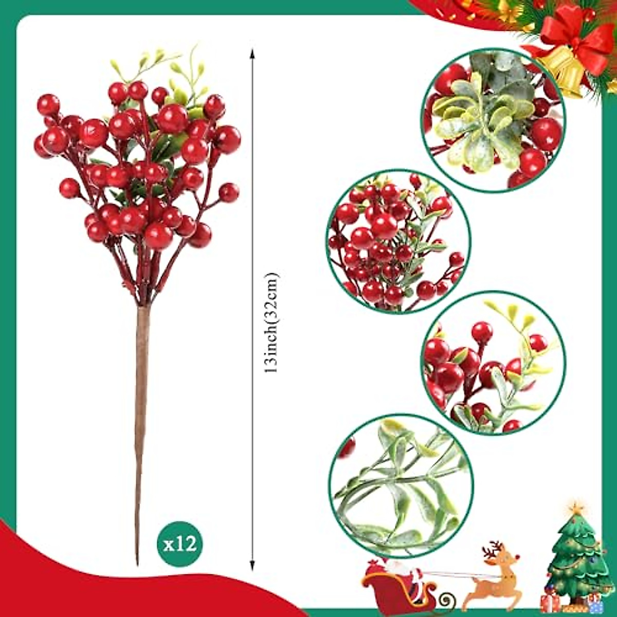 HEBE 12 Pack Christmas Flower Picks Artificial Red Berry Stems Fake Holly Berries Branches for Christmas Tree 0rnaments DIY Wreath Vase Holiday Home Xmas Decor