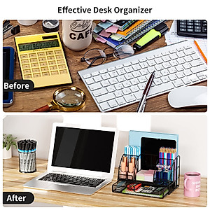 Desk Organizers and Accessories, Office Desk Organizer with 6 Compartments + 1 Large Sliding Drawer + Pen Holder + 72 Accessories, Desk Accessories Organizers for Office, Home, School (Black)